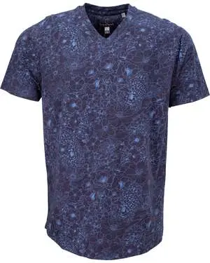 LORDS OF HARLECH Maze Outline Floral V-neck Tee Navy - Blue