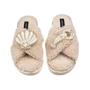 LAINES LONDON Neutral Boucle Slippers With Brooches - Brown