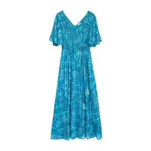 NIZA Sleeveless Printed Midi Dress With Belt And Asymmetrical Hem - Blue