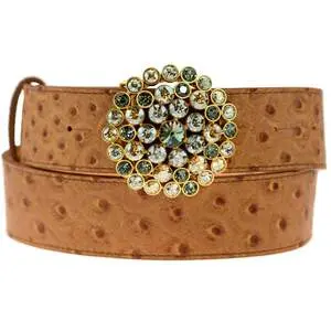 PEACHY BELTS LTD Ostrich Print Leather Belt With Crystal Buckle - Brown