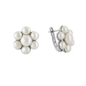 ESTERAH Pearl Flower Stud Earrings - Silver