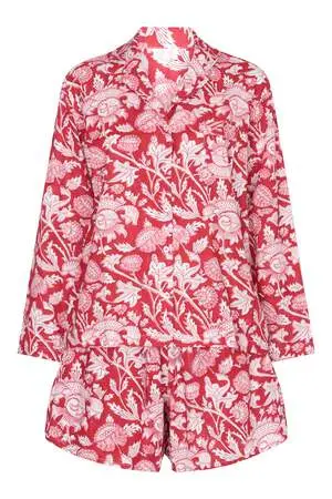 NOLOGO-CHIC Hand Block Printed Cotton Pj Shorts Set Vintage - Red