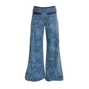 Women's High Rise Wide Leg Printed Denim Pants