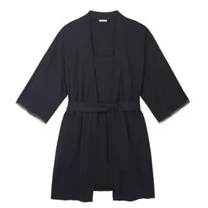 MAMU DREAM Modal Lace Trim Nightdress & Kimono Set - Black
