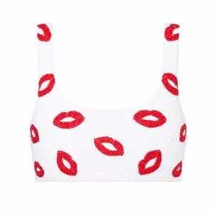 SELF-ADORE Kiss Hand-beaded Embellished Bikini Top - White/red