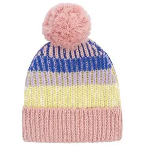CARA & THE SKY Ribbed Beanie Hat With Pom Pom - Blue/pink