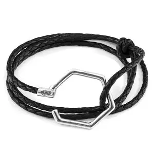 ANCHOR & CREW Braided Leather Bracelet With Sterling Silver Hook - Silver/black