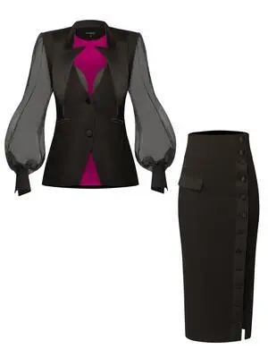 TIA DORRAINE Tailored Blazer And Skirt Set With Organza Sleeves - Black