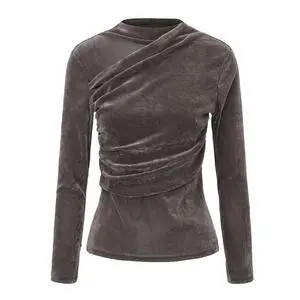 FRONT ROW SHOP Asymmetric Draped Velvet Mesh Top