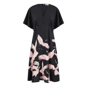 YUMI Recycled Fabric Crane Print Kimono Midi Dress - Black