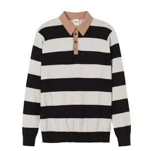 SALTS CASHMERE Long Sleeved Rugby Stripe Polo Shirt - Black/gray