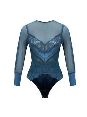CAROL COELHO Hydros Lace, Velvet & Tulle Bodysuit - Blue
