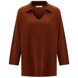 PERALUNA Polo V Neck Knit Pullover - Brown