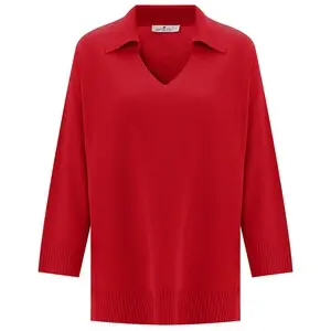 PERALUNA Polo V-neck Knit Pullover - Red