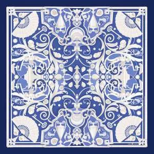 EMILY CARTER Blue / White The Fan & Feather Silk Scarf L - Blue/white