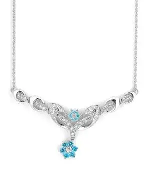 GENEVIVE Sterling Silver Blue Topaz Flower Necklace With Cubic Zirconia - Blue/white/silver