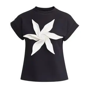 JULIA ALLERT Crew-neck Jersey T-shirt With Floral Applique - Black