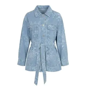 MODENAIRE Floral Jacquard Denim Jacket With Belt