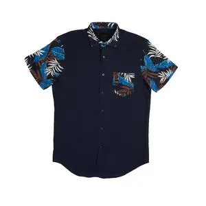 EIGHT X Navy Linen Short Sleeve Shirt With Botanical Print