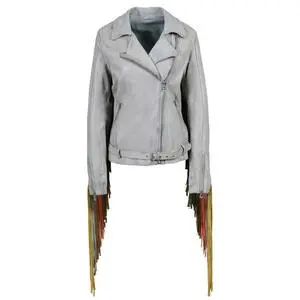 FREAKY NATION Leather Biker Jacket With Fringe - Grey