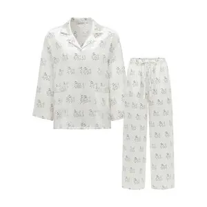 Not Just Pajama Diamond Poodles Silk Pajamas Long Set - White