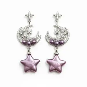 NINEMOO Moonlit Bloom Violet Star Pearl Drop Earrings - Silver
