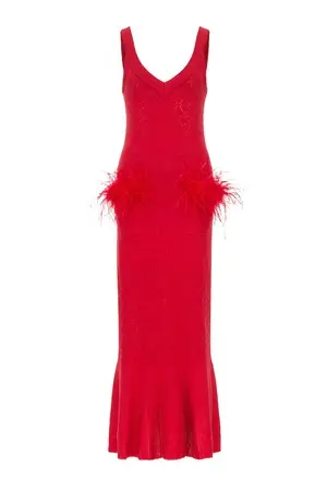 ANDREEVA Knit Dress With Ostrich Feather Detail - Red