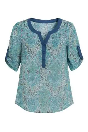 CONQUISTA Printed Poplin Top With Trim