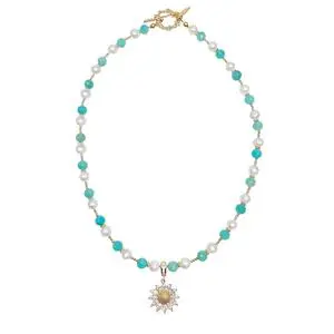 FARRA Freshwater Pearl & Amazonite Daisy Pendant Necklace - Green