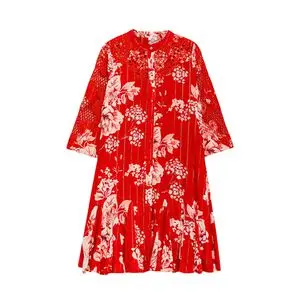 NIZA Gardenia Printed Cotton Shirt Dress - White/red