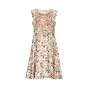 NIZA Printed Midi Dress With Floral Embroidery And Belt