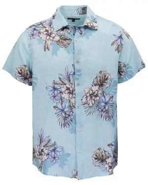 LORDS OF HARLECH Loic Exotic Floral Teal Linen Printed Shirt - Blue