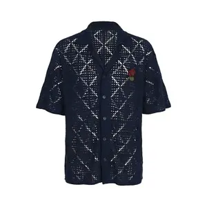 MODENAIRE Open Knit Short Sleeve Shirt With Floral Embroidered Detail - Blue