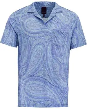 LORDS OF HARLECH Bobby Wild Paisley Oxford Merino Jersey Collared Shirt - Blue