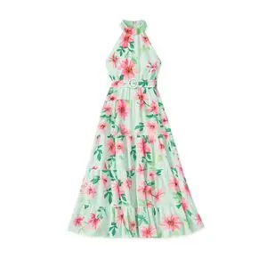 YUMI Floral Halter Neck Midi Dress With Belt - Green