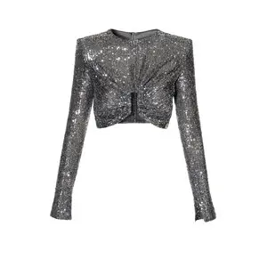 AGGI BY HALEWSKI Meg Diamond Sequined Crop Top - Silver