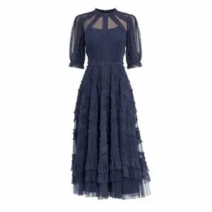 Mac Duggal High Neck Ruffle Tiered Midi Dress