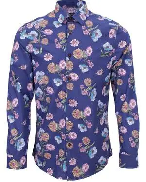 LORDS OF HARLECH Nigel Spaced Floral Shirt Navy - Blue