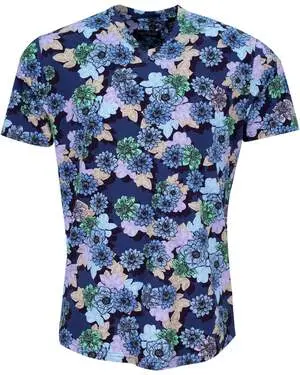 LORDS OF HARLECH Maze Snap Floral V-neck Tee Navy - Blue