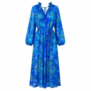 INTROVERTIE VIENNA Silk Cotton Kaftan Maxi Dress - Blue