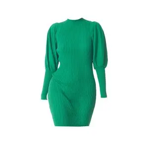 SOUR FIGS Funnel Neck Puff Sleeve Knit Dress - Green