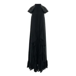 CONCEPT A TROIS Long Dress With Cascading Slits And Ruffles - Black