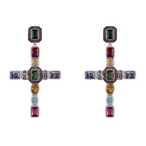LATELITA Maria Extra Large Gemstone Cross Earrings - Silver