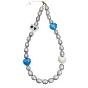 FARRA Freshwater Pearls With Cat And Blue Heart Phone Strap - Grey
