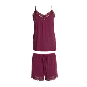 PRETTY YOU Bamboo Lace Cami Short Pyjama Set In Bordeaux - Red