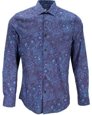 LORDS OF HARLECH Nigel Outline Floral Shirt Navy - Blue