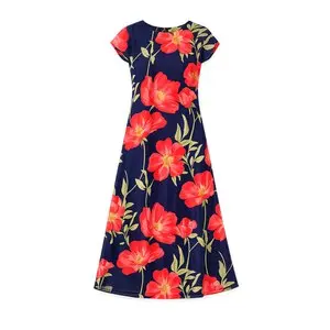 YUMI Navy Poppy Print Midi Dress