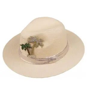 LAINES LONDON Woven Straw Hat With Embellished Palm Tree Brooch - White