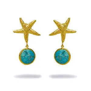 EBRU JEWELRY Gold Starfish Stud Earrings With Turquoise Stone - Gold/blue
