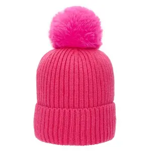AT LAST... Chunky Cashmere Beanie With Faux Fur Pom Pom - Pink